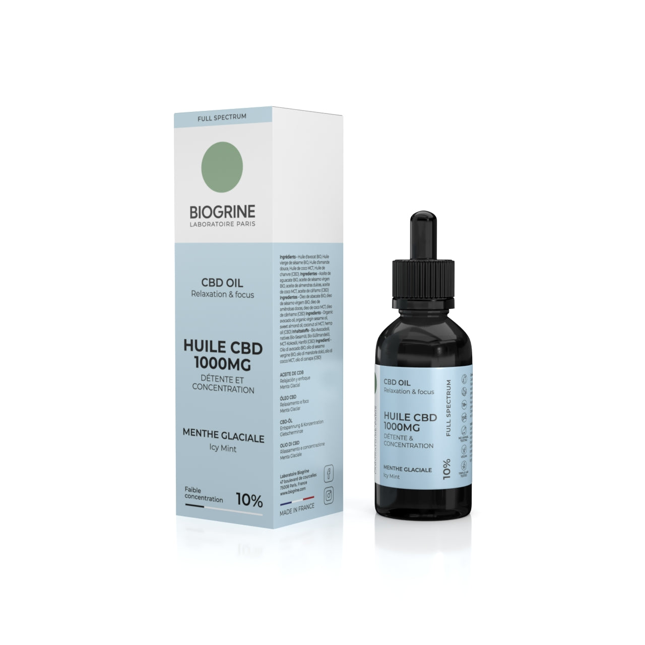 CBD-Öl 1000 mg Vollspektrum 10 % | Eis-Minz-Geschmack | BIOGRINE ...